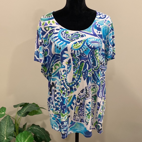Chico's | Tops | Chicos Blue Paisley Print Short Sleeve Top With Sequin ...